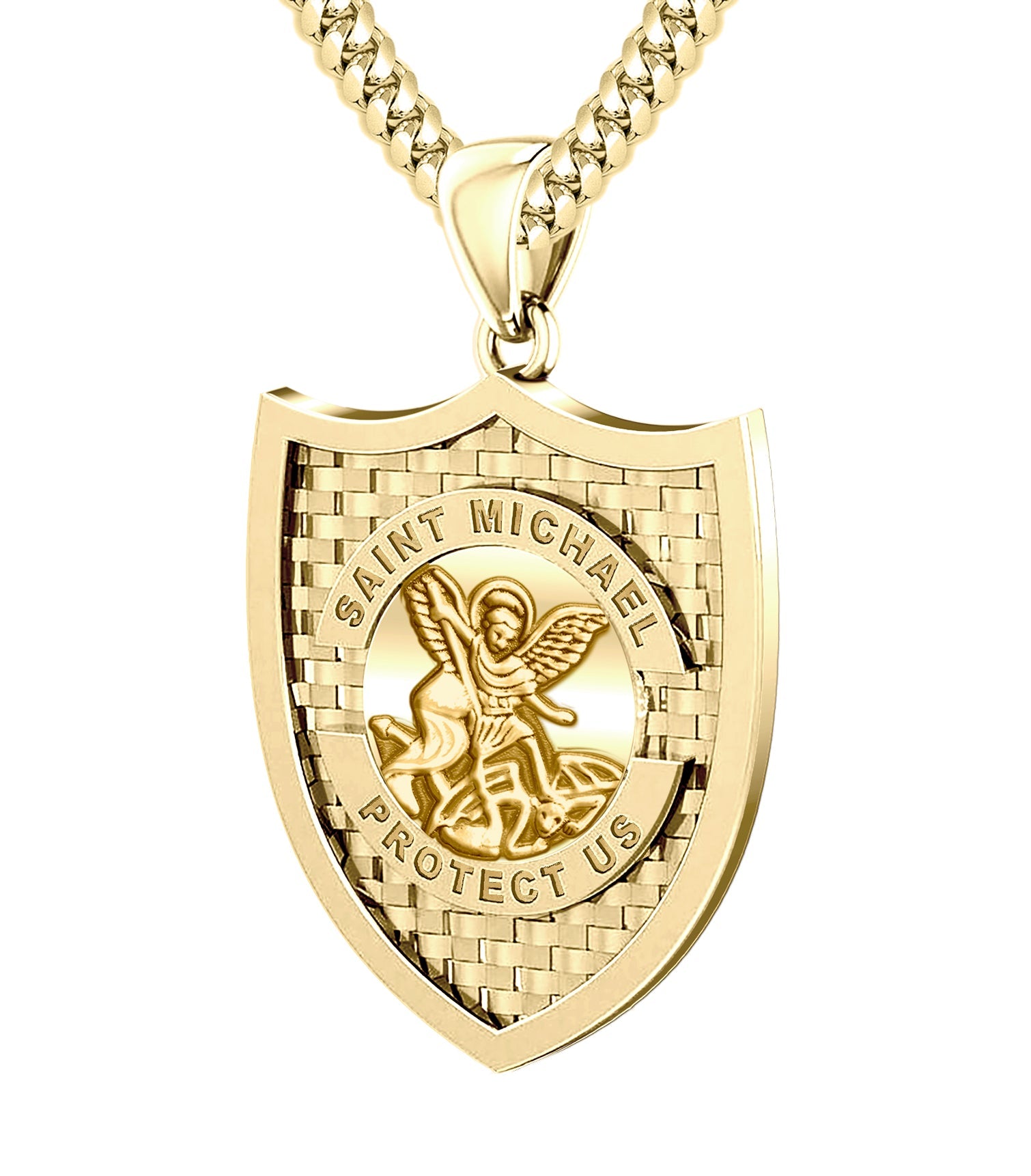 Solid Saint Michael Medallion Pendant for Men in 14K Yellow Gold 30in 3.9mm Miami Cuban Chain