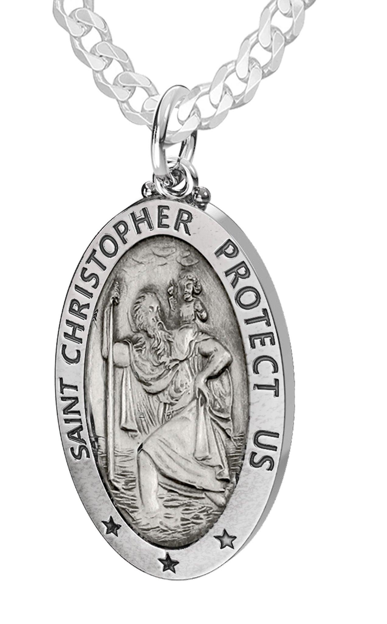 Sterling Silver Saint Christopher Oval Pendant Necklace 28mm 24in 3.7mm Curb Chain